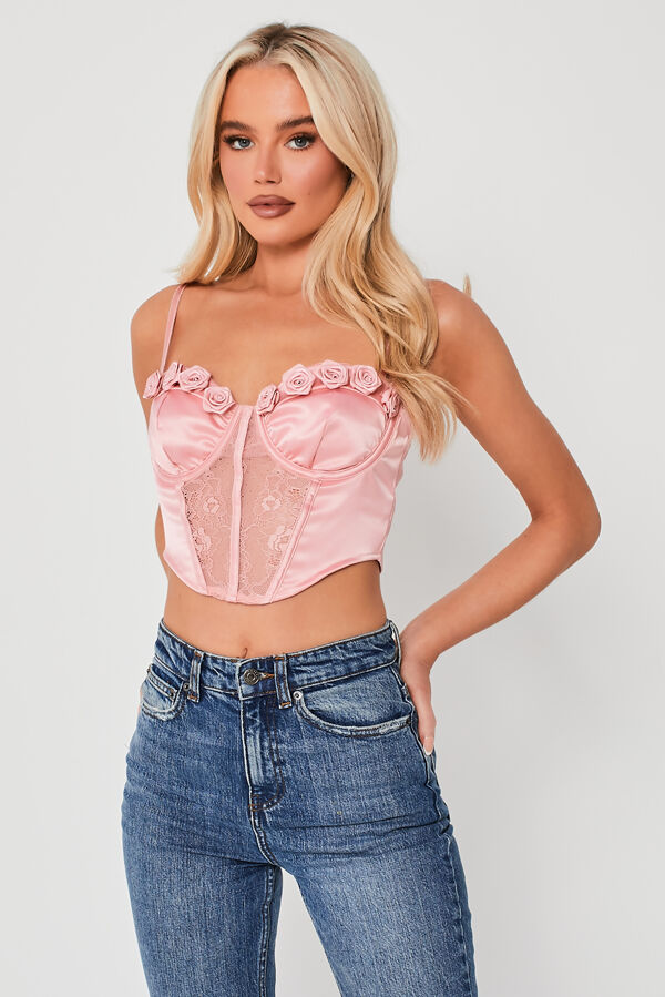 Samantha Pink Floral Applique Lace Detail Crop Top