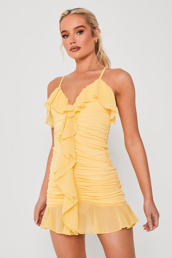 Addison Yellow Frill Detail Ruched Mini Dress